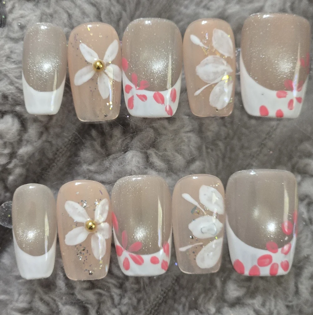 Handmade | Makeup | Neutral Pink Floral Presson Nails With White Tips ...